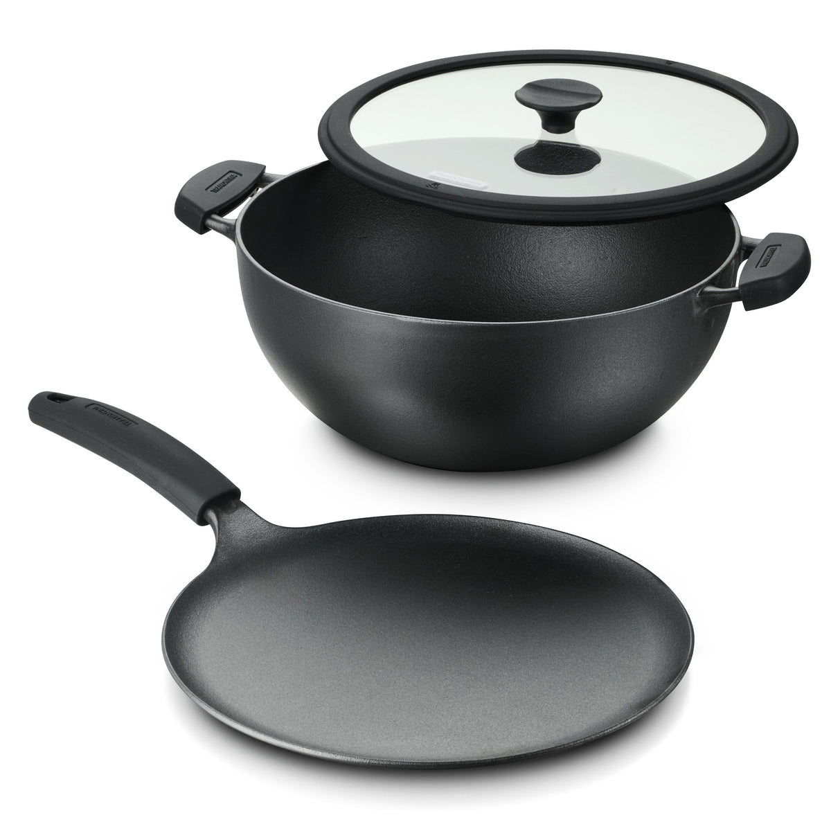 3 Piece Cast Iron 7 Quart Deep Kadai & Flat Tawa Cookware Set ...
