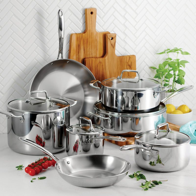 Tri-Ply Clad Stainless Steel Cookware Set with Glass Lids – Tramontina USA